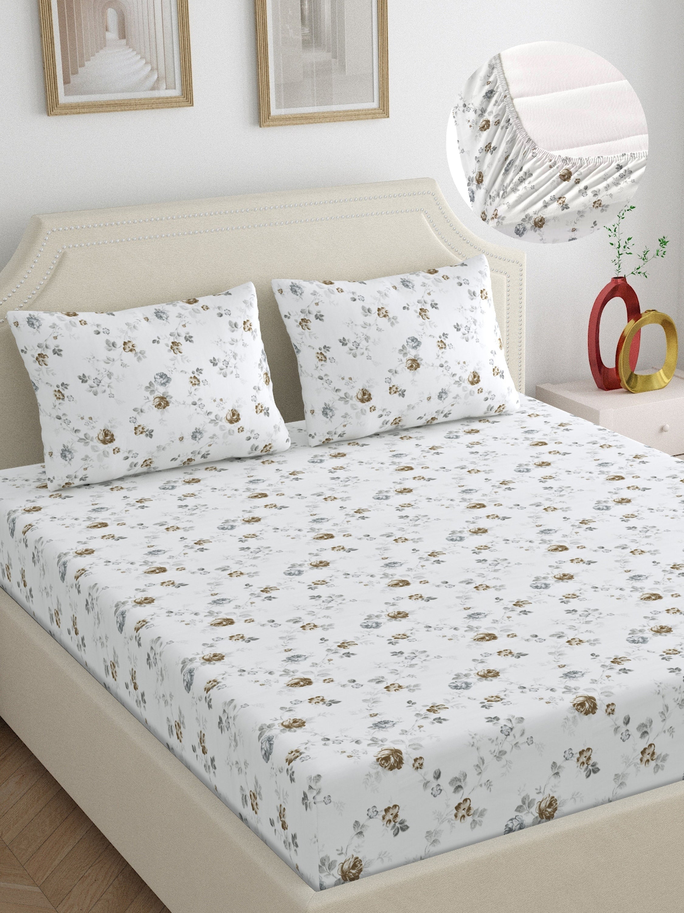 Dreamscape 100% Cotton 300 TC Floral Bedsheet Set - Colour: Green ...